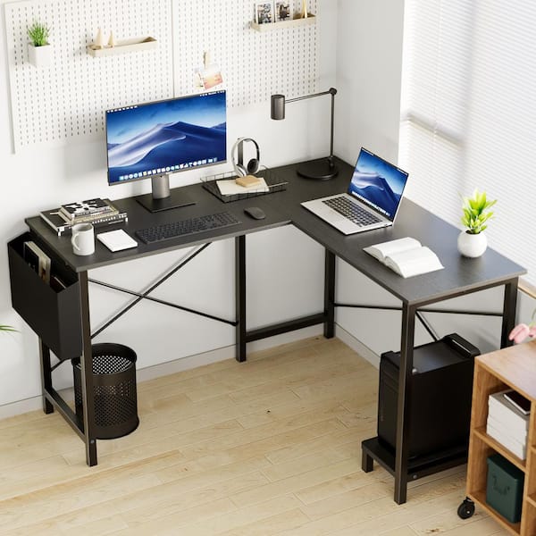 XRAMFY 50 in. L-Shaped Black Wood Computer Desk with CPU Storage Shelf ...