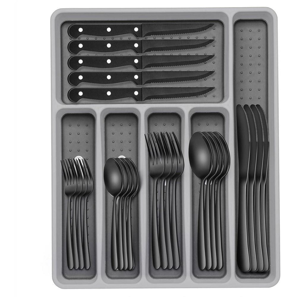 Whatseaso 49-Piece Black Stainless Steel Kitchen Heavy Duty Flatware ...