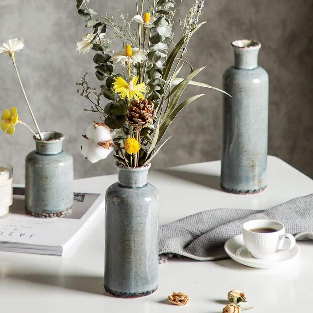 Grey Blue 3 in. x 10 in. Ceramic Modern Decorative Vase, (Set of 3 ...