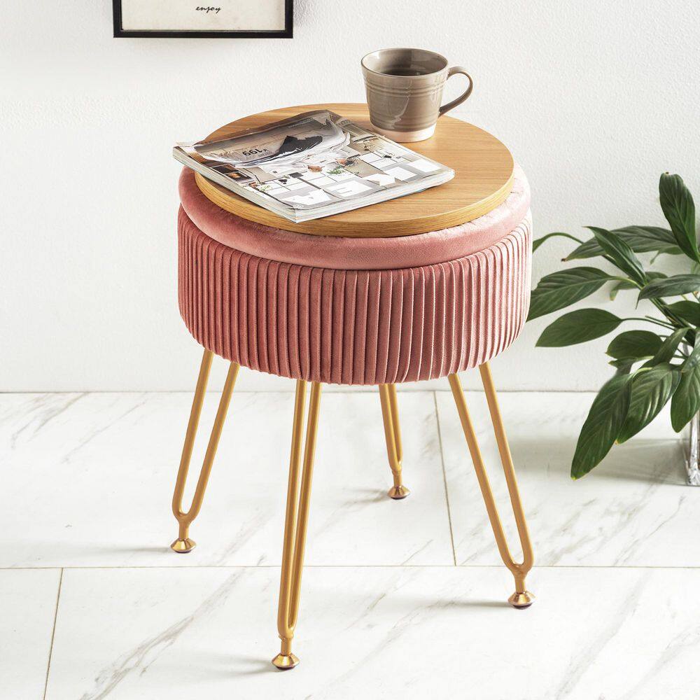 LUE BONA Pink Velvet Storage Ottoman Gold Metal Legs Coffee Tabletop ...