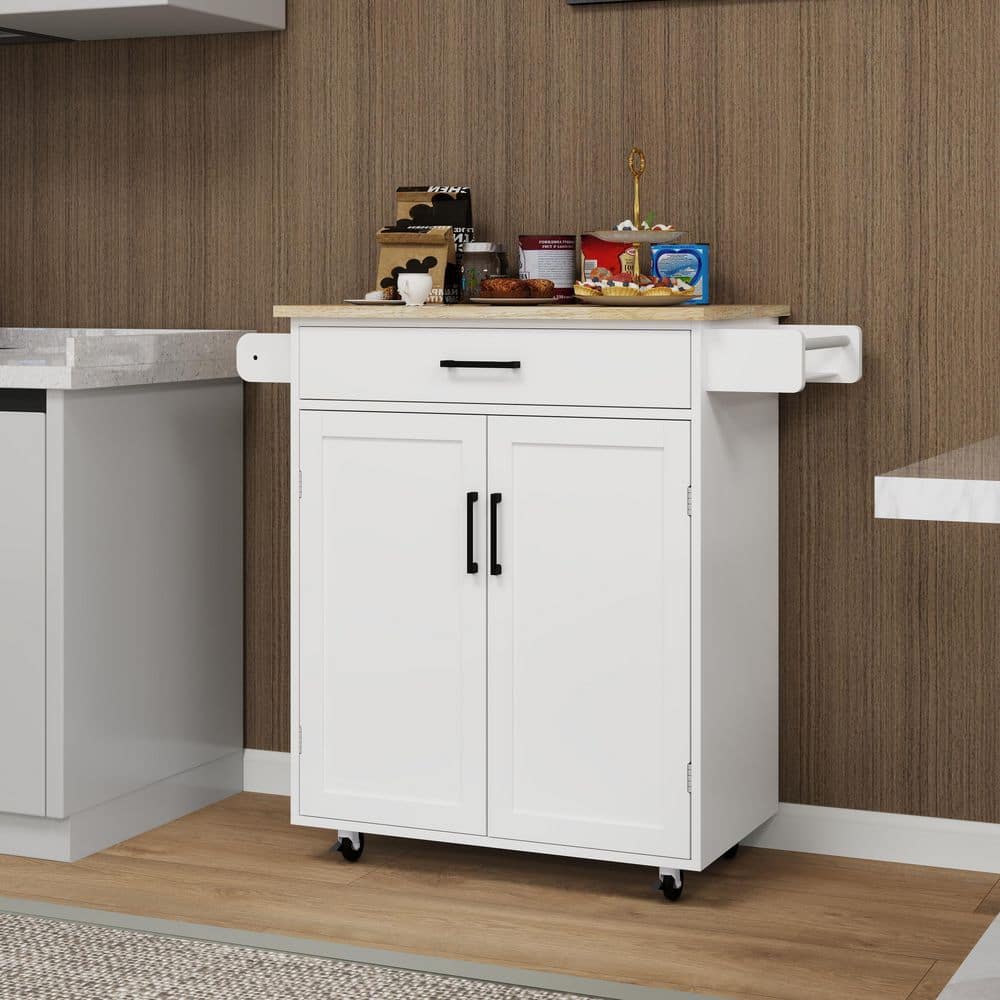 White Rolling Kitchen Cart with 1-Drawer, 2-Doors, Storage Racks ...