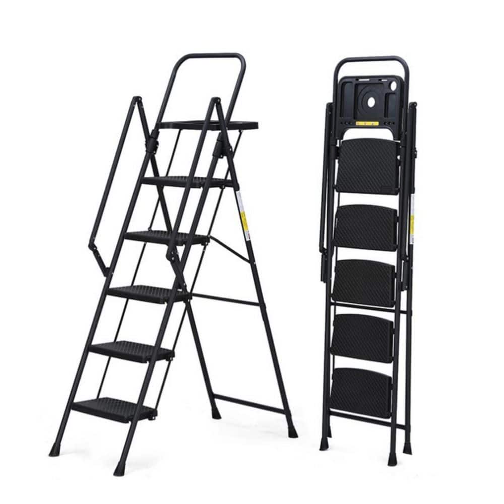 Tidoin 5.9 ft. Black Steel Folding 5-Step Ladder (9.9 ft. Reach), 500 ...