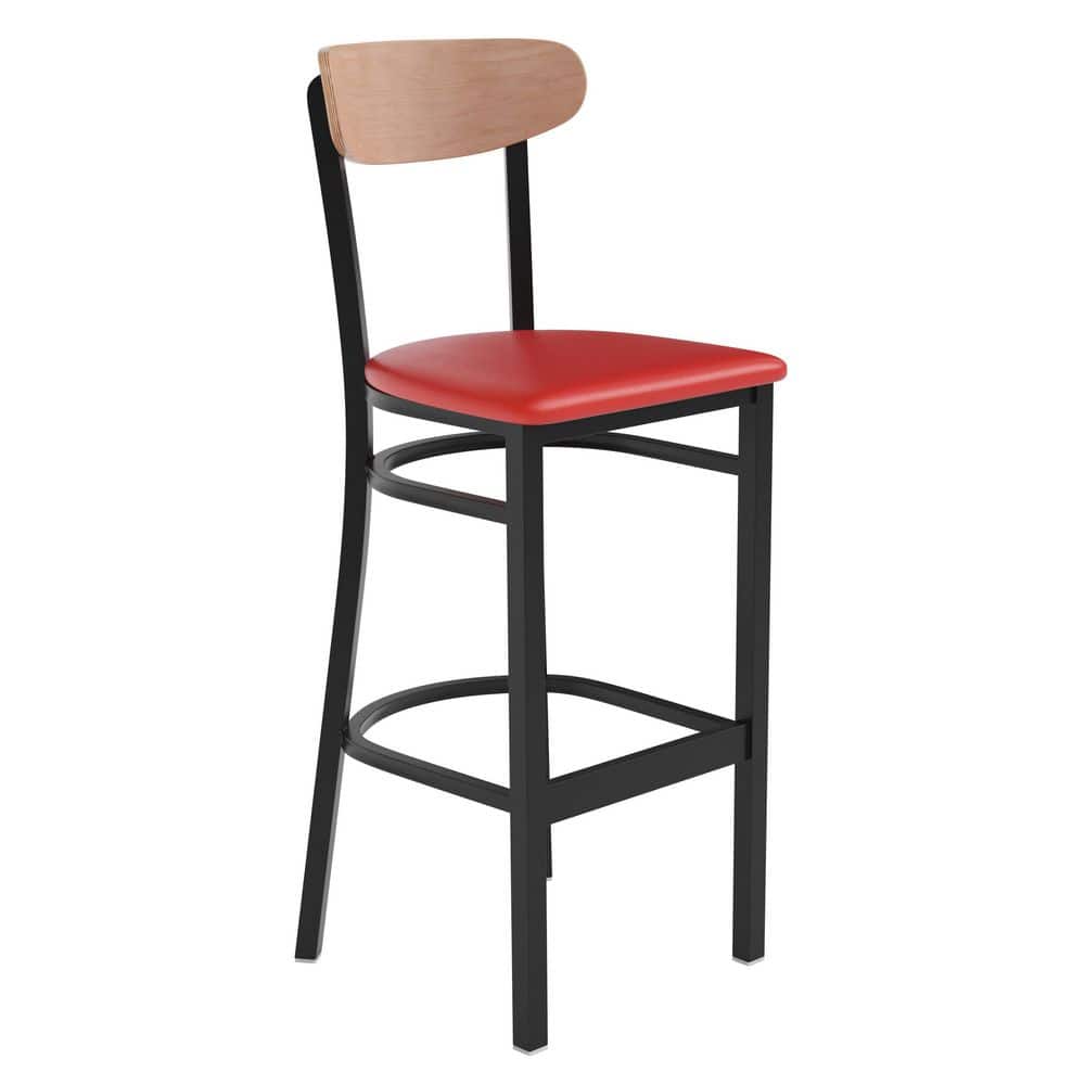 Carnegy Avenue 32 in. Natural Birch Wood Back/Red Vinyl Seat Full Metal Bar Stool with Vinyl ...