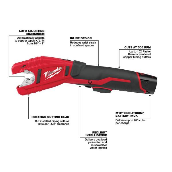 Milwaukee M12 12V Lithium-Ion Cordless Copper Tubing Cutter (Tool-Only ...