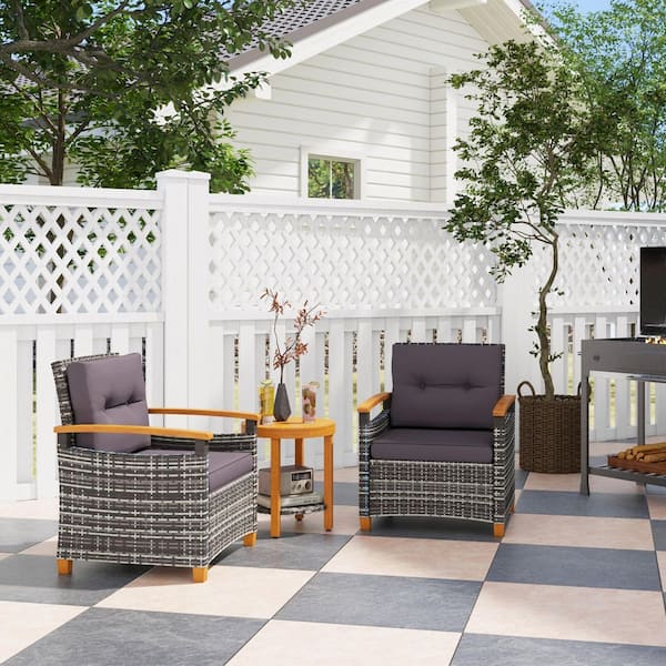 3 Piece Wicker Outdoor Bistro Set Wooden with Purple Cushions for Porch, Backyard, Garden, Gray ...