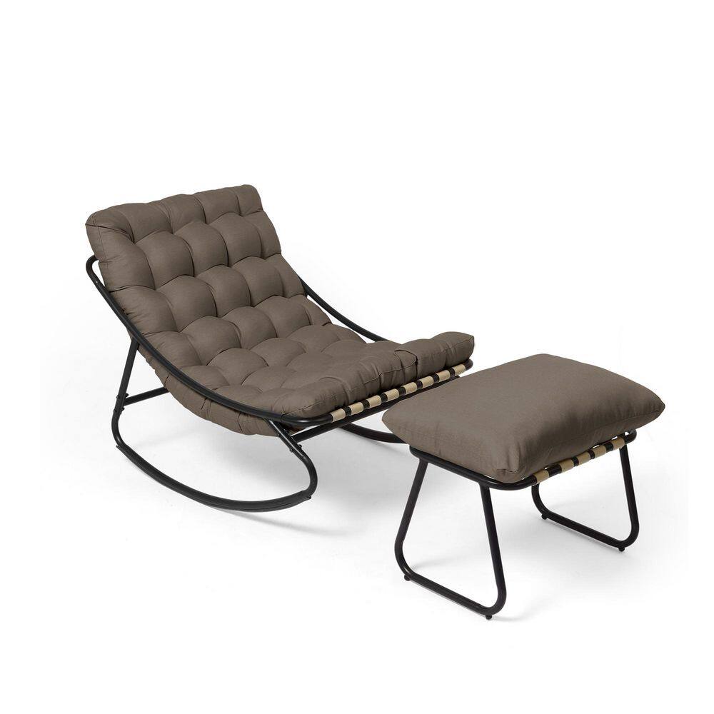 Uixe Black Metal Outdoor Rocking Chair Lounge Chair with Coffee Cushion ...