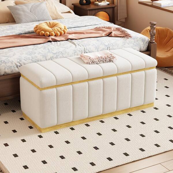 Unbranded Beige 40 in. Linen Fabric Upholstered Bedroom Bench with Large Storage Space Solid Wood Frame End of Bed Stool Ottoman XS P205797 2336