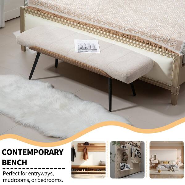 Glamour Home Bevin Beige Washed 47.24 in. Woven Fabric Bench with White ...