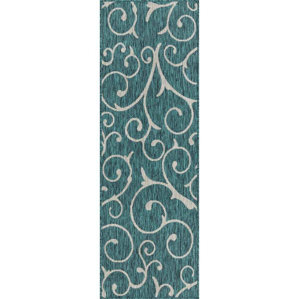 Unique Loom Outdoor Curl Teal Blue 2 ft. x 6 ft. Runner Rug 3144882 ...