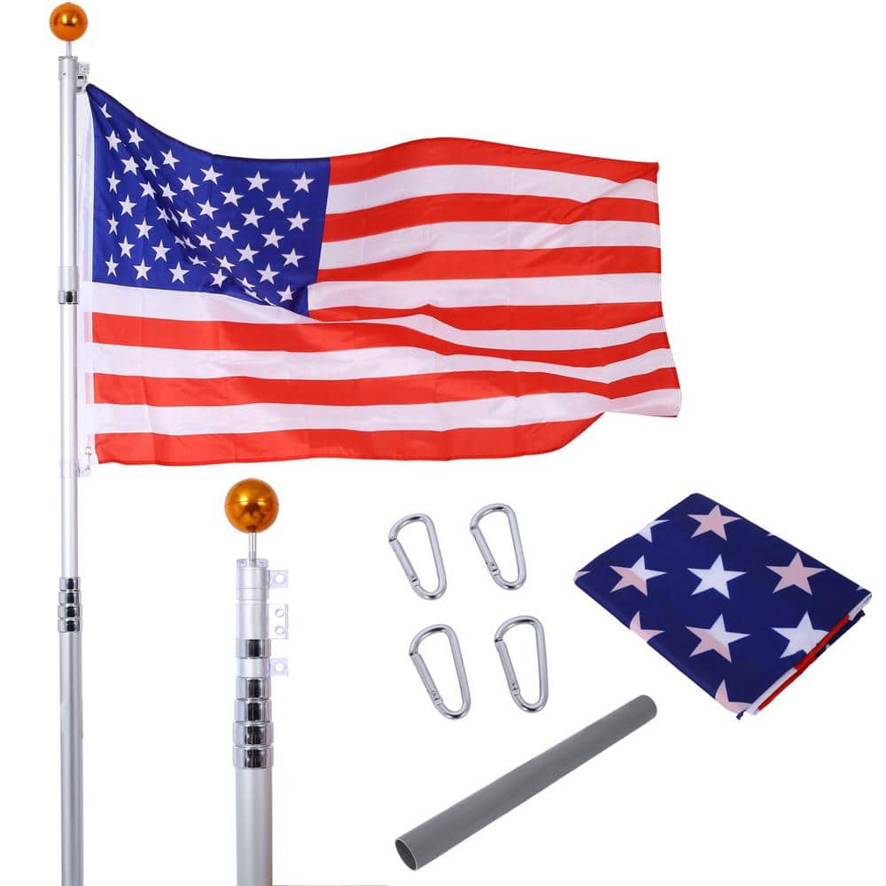 Angel Sar 25 ft. Silver Aluminum Flagpole with 3 ft. x 5 ft. U.S. Flag ...