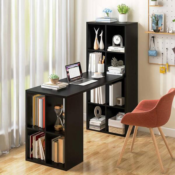 Costway 48 in. Rectangular Black Wood Computer Desk with Bookshelf 12 Cubes Study Writing Table Laptop Workstation P12I 10NWR7DK
