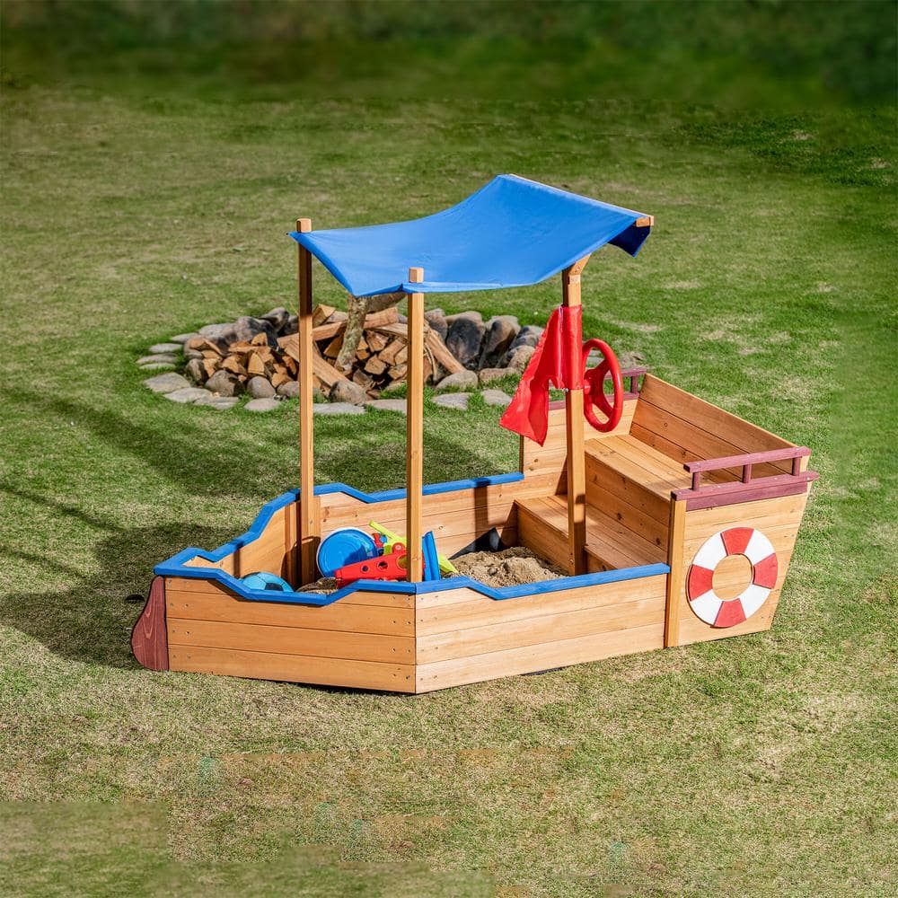 GOGEXX 63 in. x 31 in. Wooden Sandbox Pirate Ship with Storage Bench ...