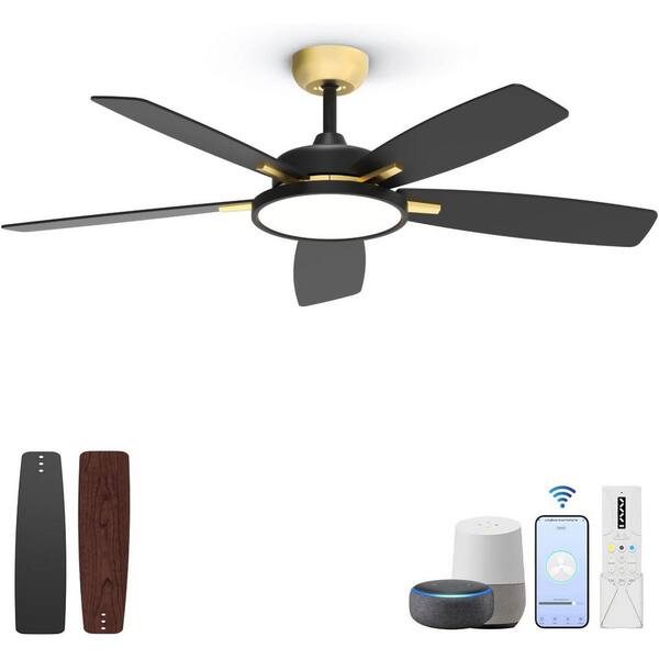 QRMOK T5 52 in. Smart Indoor Black and Gold Ceiling Fan w/ Dimmable LED ...
