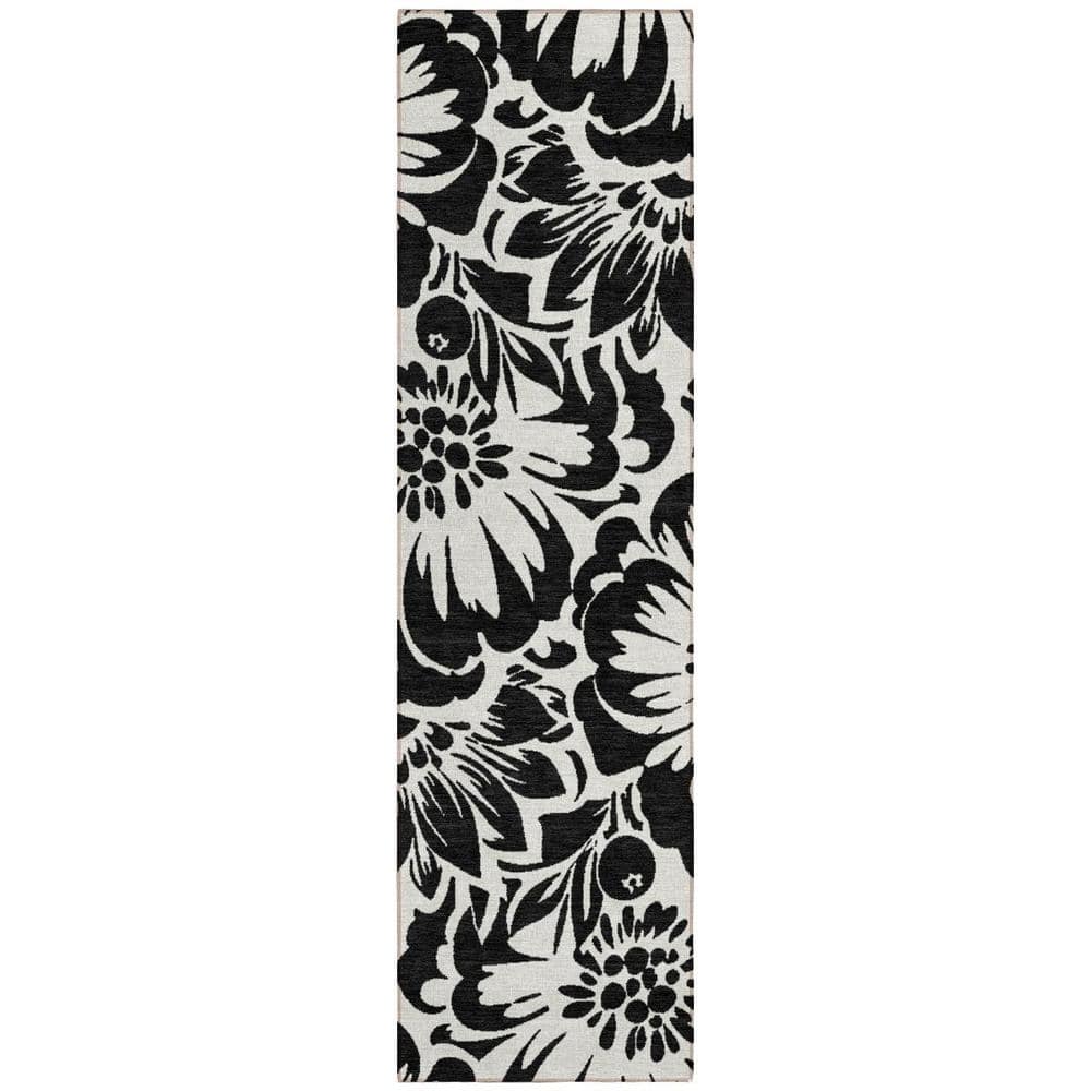 HomeRoots Black and Ivory 2 ft. x 8 ft. Woven Floral Runner Indoor ...