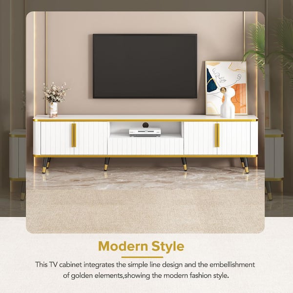 White Luxury Minimalism TV Stand Fits TVS Up to 80 to 85 in. with Cabinets Open Storage Shelf and Drawers