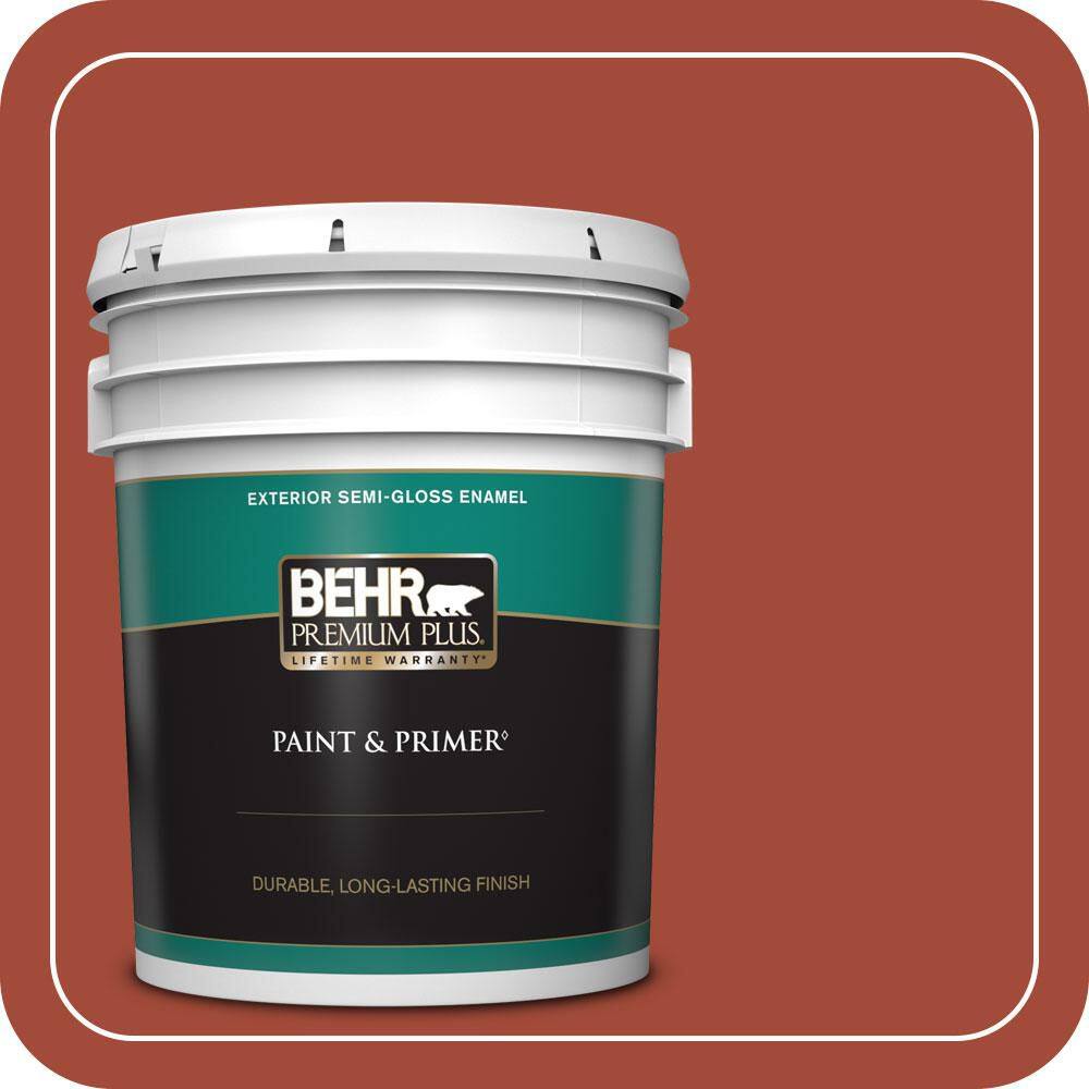 BEHR PREMIUM PLUS 5 gal. #200D-7 Rodeo Red Semi-Gloss Enamel Exterior ...