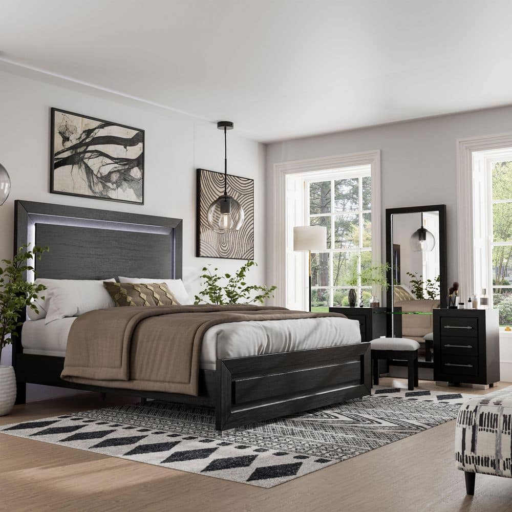 Furniture of America Fairhart 3-Piece Modern Black Wood Queen Panel ...