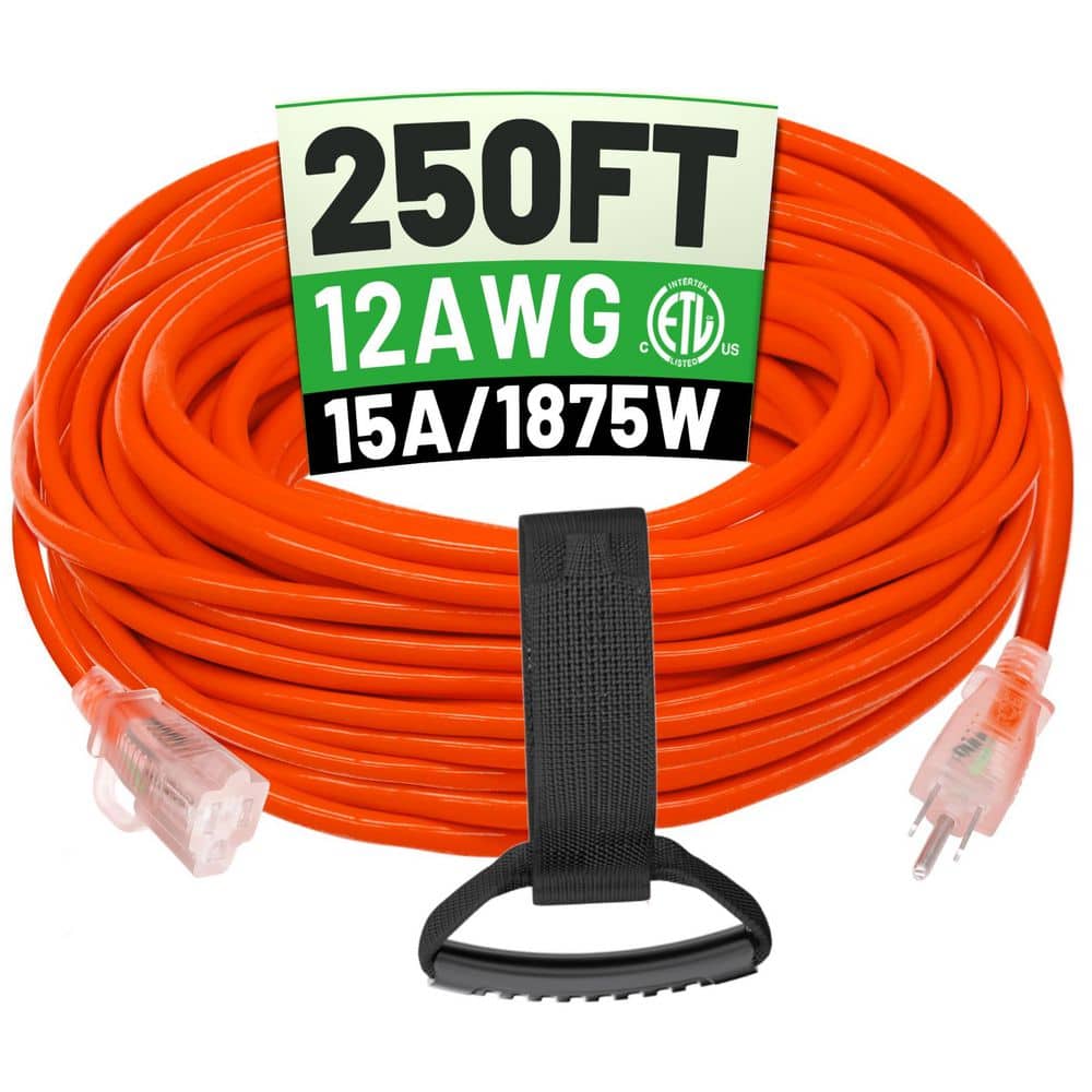 BIBIVIS 250 ft. 12 Gauge/3 Outdoor Extension Cord Waterproof, Flexible ...