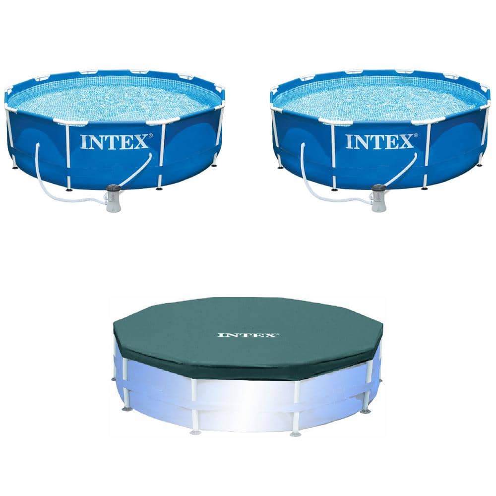 Intex 10 ft. Round Metal Frame Swimming Pool with Filter Pump with Pool ...