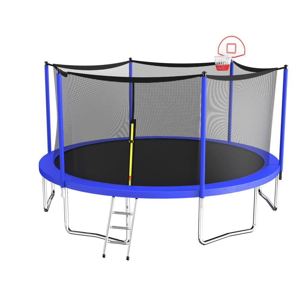 SUNRINX 16 ft. Blue Round Trampoline with Enclosure Net and Basketball ...