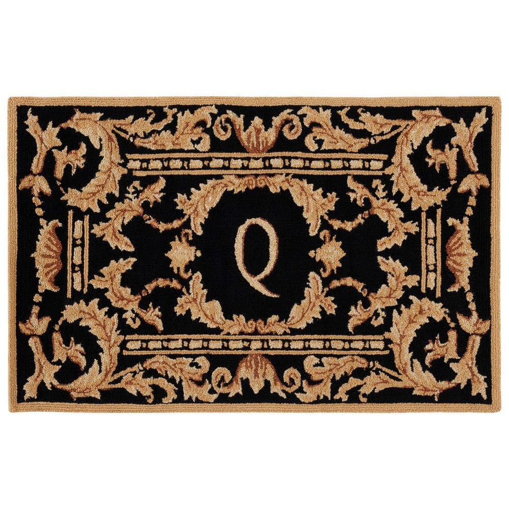 SAFAVIEH Monogram Black 3 ft. x 4 ft. "Q" Ornate Leaf Indoor/Outdoor ...