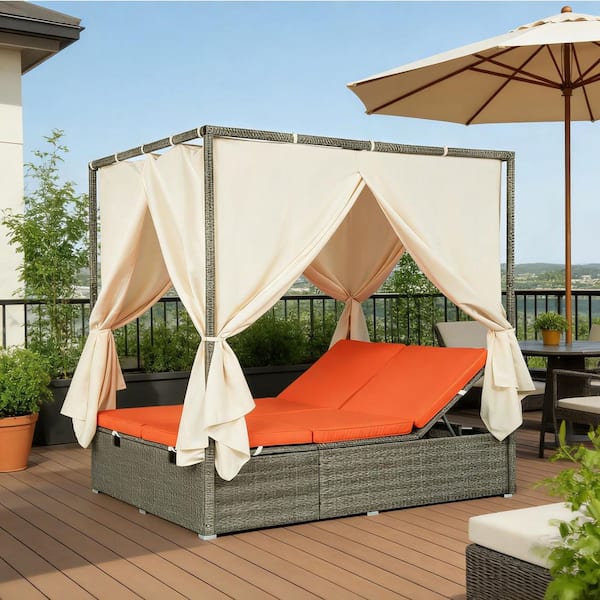 Gray Wicker Outdoor Day Bed with Orange Cushions, Adjustable Sun Bed ...