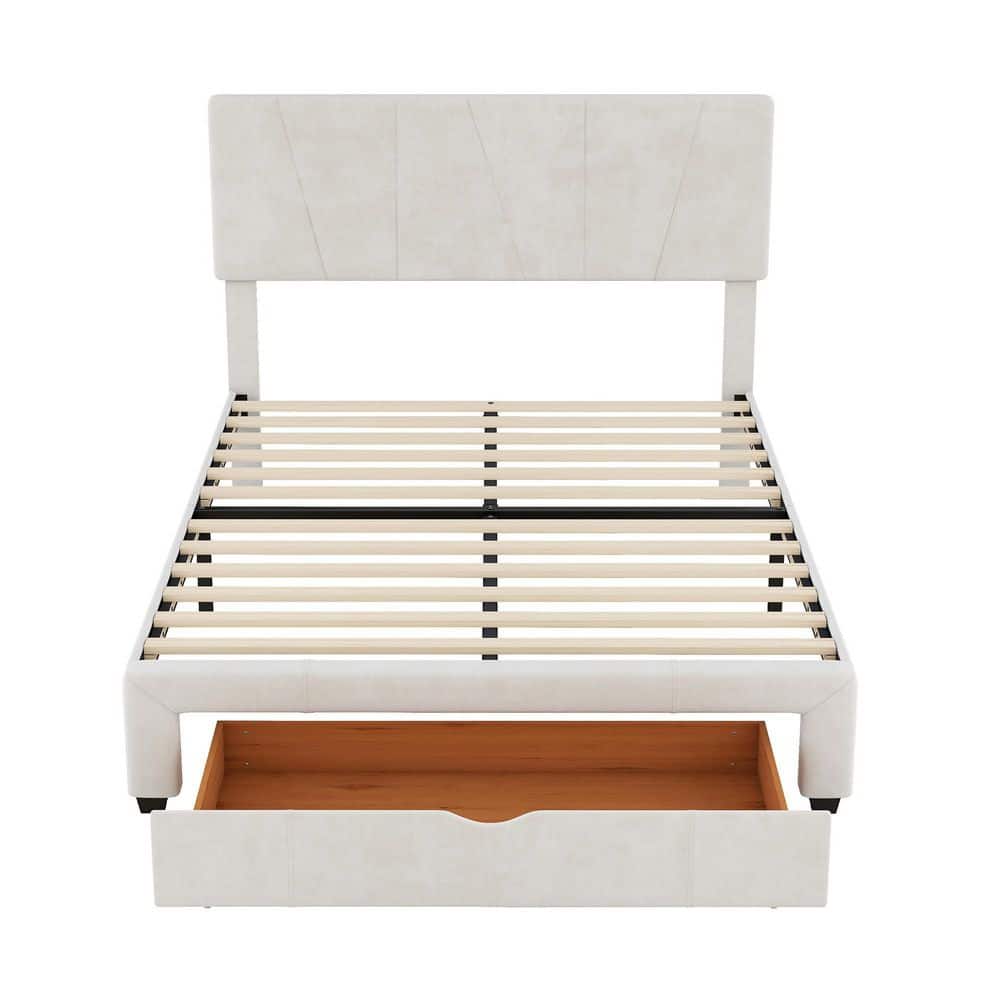 Donason Beige Wood Frame Full Size Platform Bed with One Drawer and ...