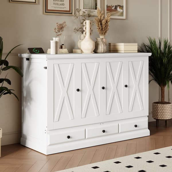 Harper Bright Designs White Wood Frame Full Size Murphy Bed Chest Cube Cabinet Bed with Charging Station and Large Storage Drawer YJH104AAK F The Home Depot