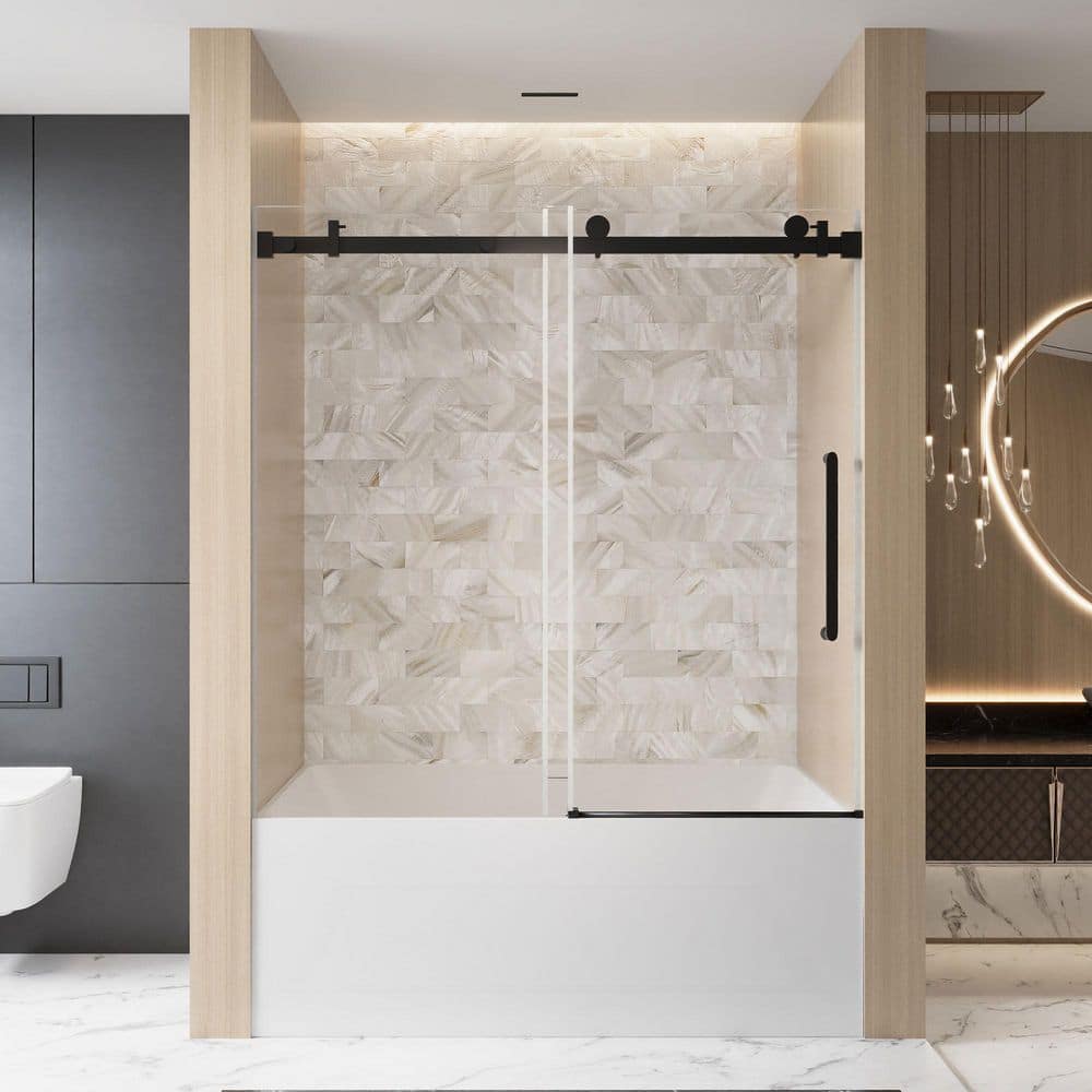 ANGELES HOME 56-60 in. W x 60 in. H Frameless Sliding Tub Door in Matte Black with 1/4 in. (6 mm ...