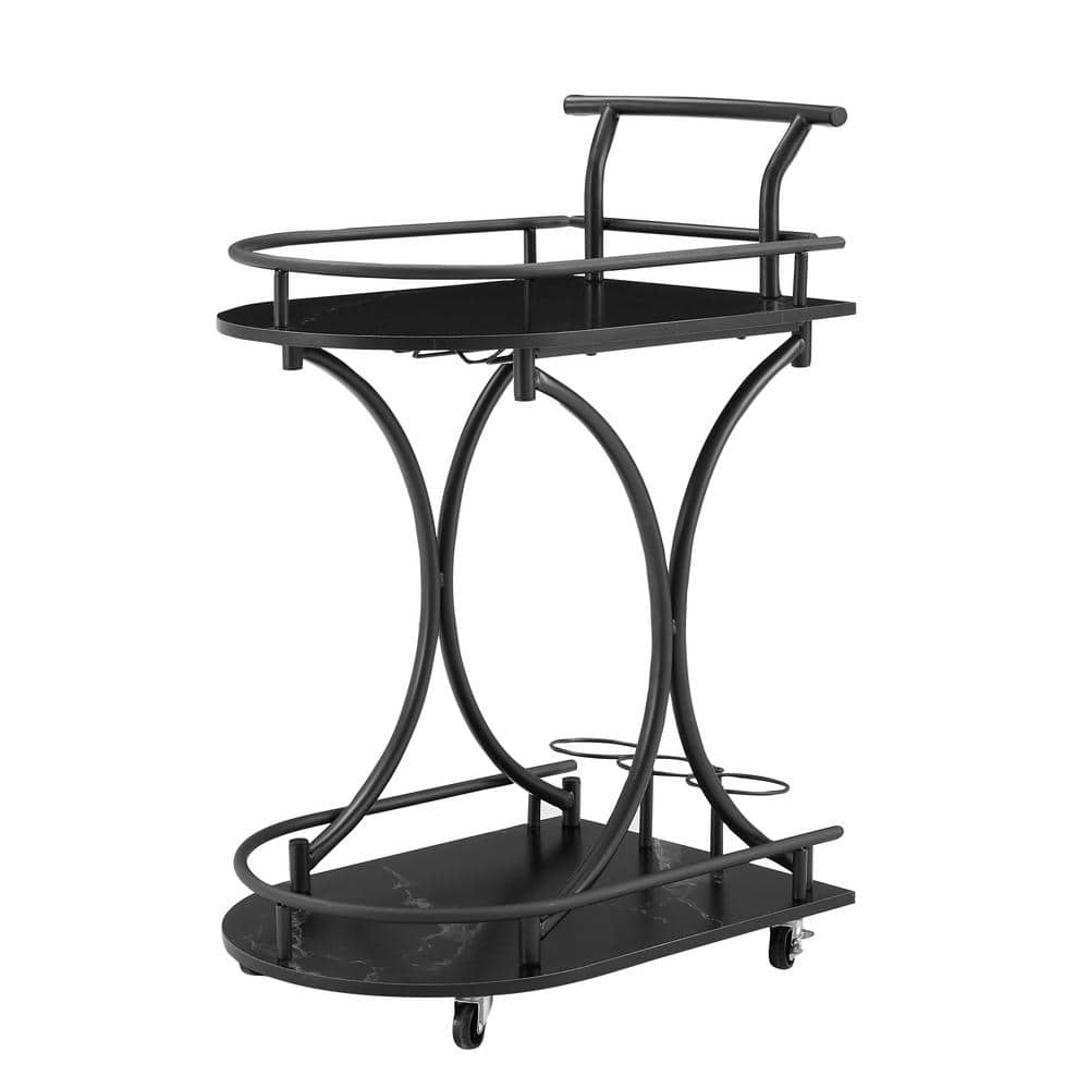 Angel Sar Black 2-Tier Metal Bar Serving Cart with Wine Rack and Glass ...