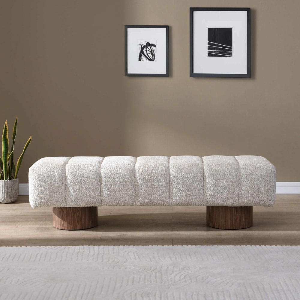 Polibi 64 in. Beige Dining Bench with Wood Leg and Upholstered Faux Fur ...