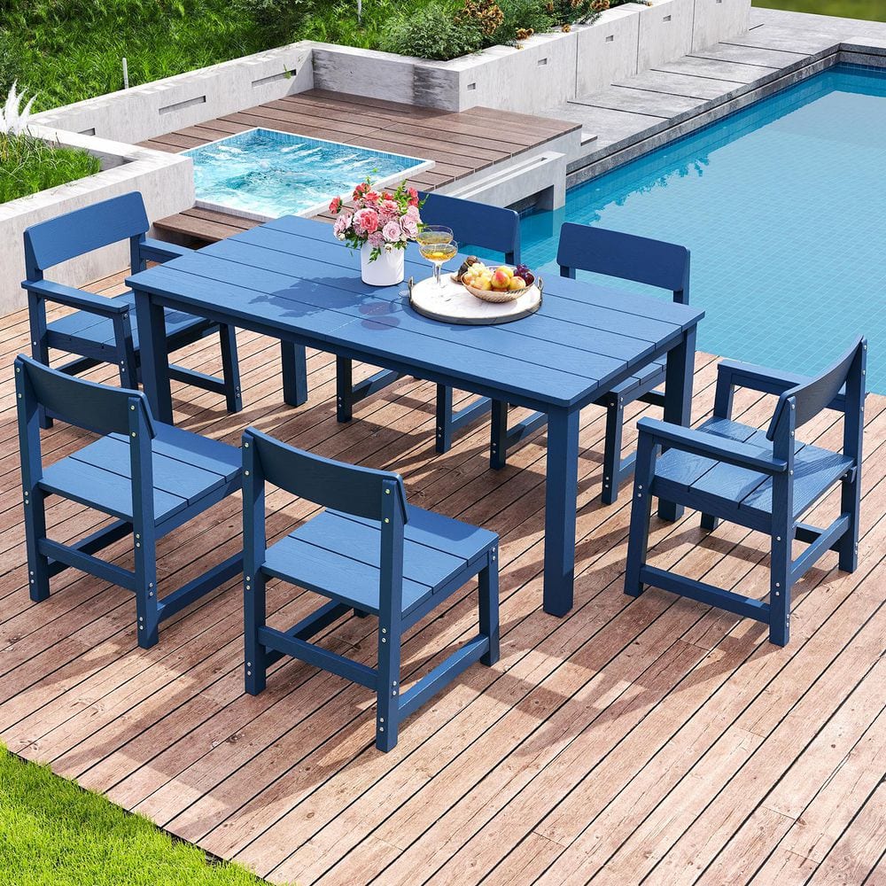 Epicpoplar Cedar Ridge 7-Piece Farmhouse Plastic Outdoor Dining Table and Chairs Set in Royal ...