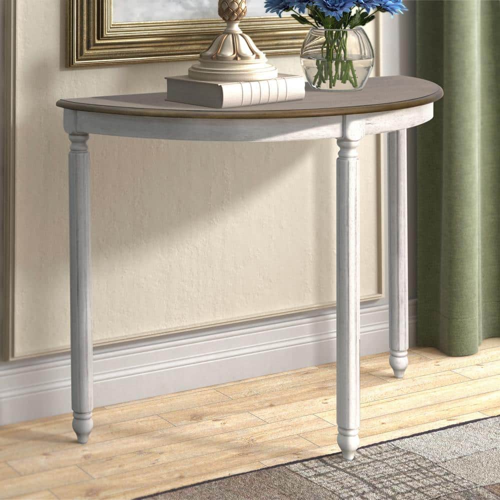 GALANO Marcello 37.0 in. Spray Paint White and Oak Half Moon Solid Wood Console Table SH ...
