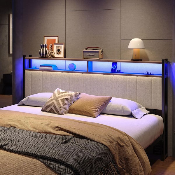 PINMOCO Beige King Linen Upholstered Storage Headboard LED Headboard ...