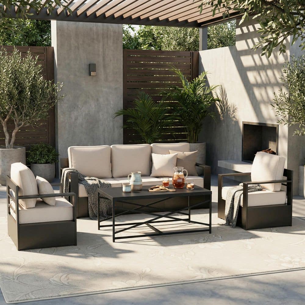 Gardenbee 4-Piece Aluminum Armrest Patio Conversation Set with Lounge ...