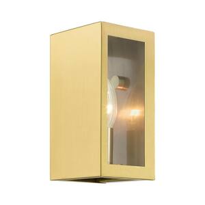 AVIANCE LIGHTING Banbury 7 in. 1-Light Satin Gold Dark Sky Outdoor Hardwired ADA Wall Sconce ...