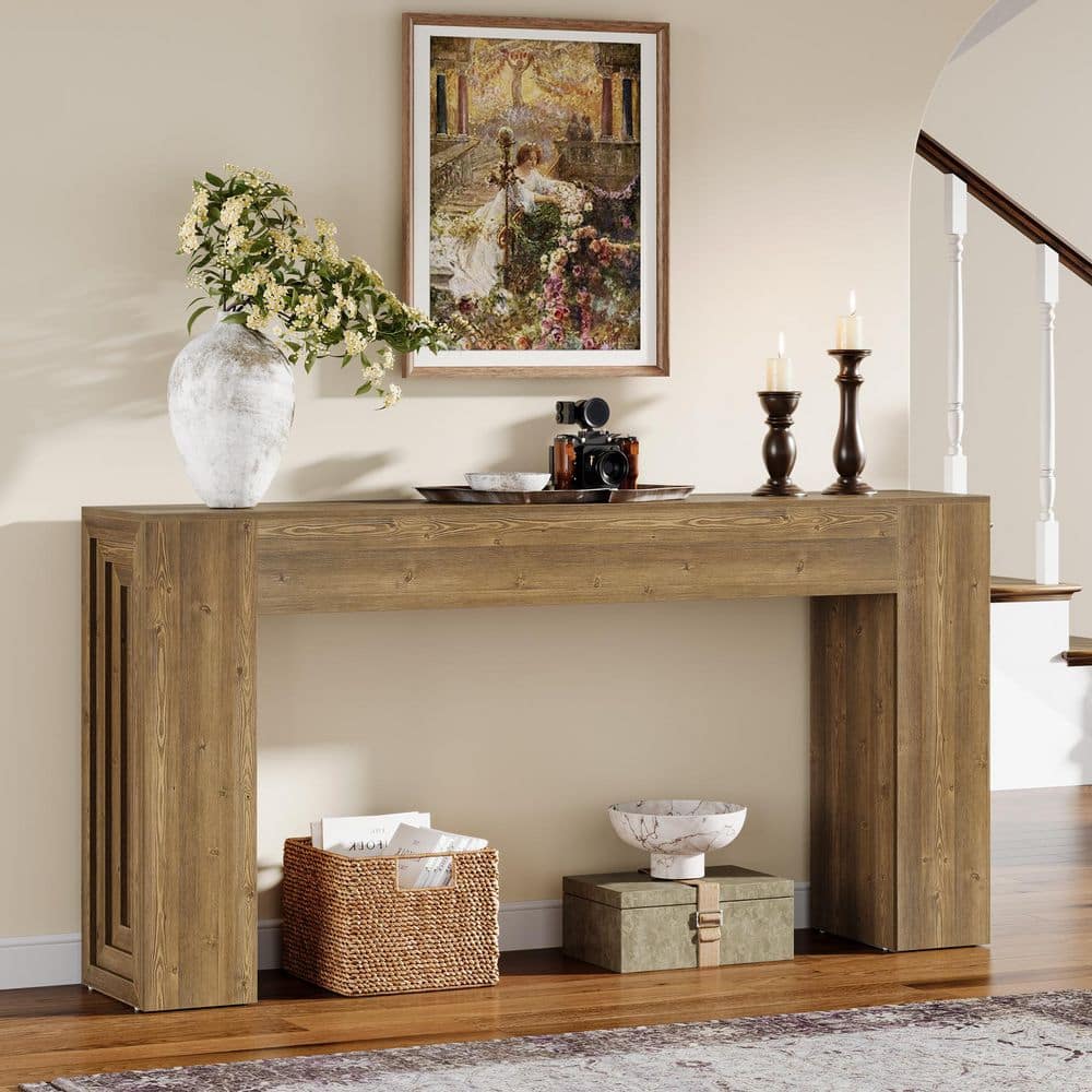 BYBLIGHT 62.99 in. Rustic Brown Rectangle Engineered Wood Console Table ...