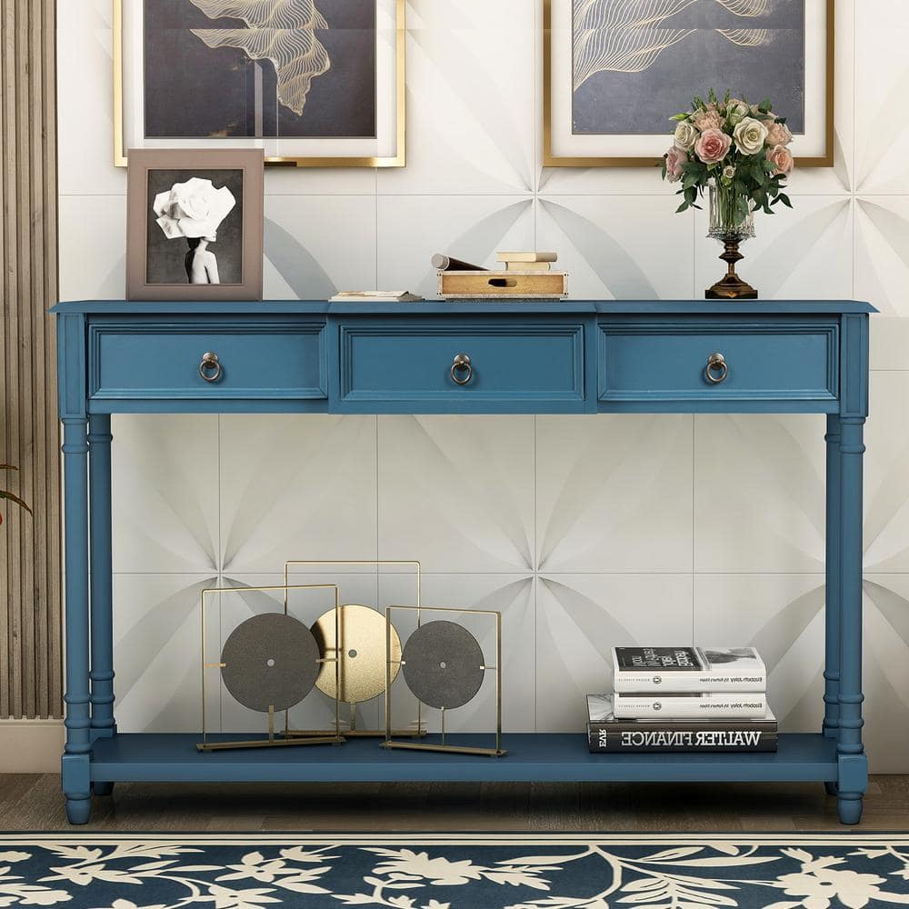 URTR 51 in.Antique Navy Rectangle Wood Console Table Sofa Table with ...