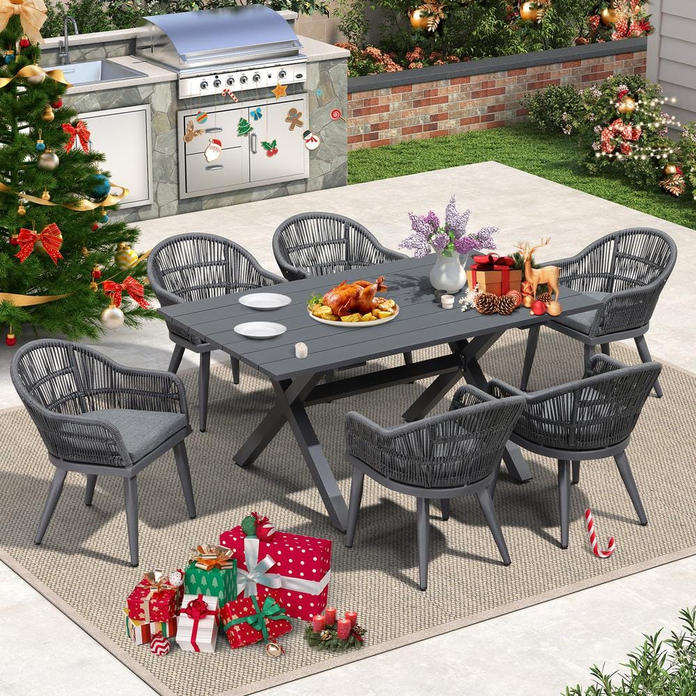 PURPLE LEAF 7 Piece Aluminum All-Weather PE Rattan Rectangular Outdoor ...