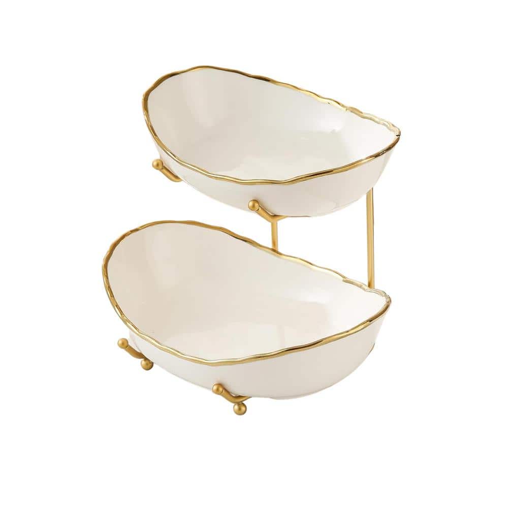 Anqtovp Gold-rimmed 2-Tier Ceramic Fruit Bowl for Kitchen Countertop ...