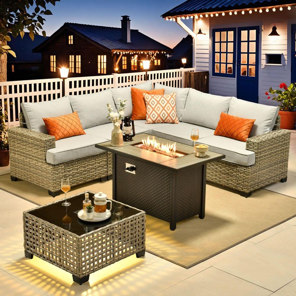 XIZZI Arcadia 7 Pieces Wicker Outdoor Patio Rectangular Fire Pit Set ...