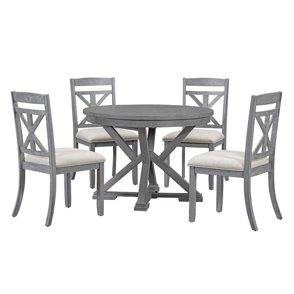 Harper & Bright Designs 5-Piece Gray Round Extendable Wood Dining Table ...