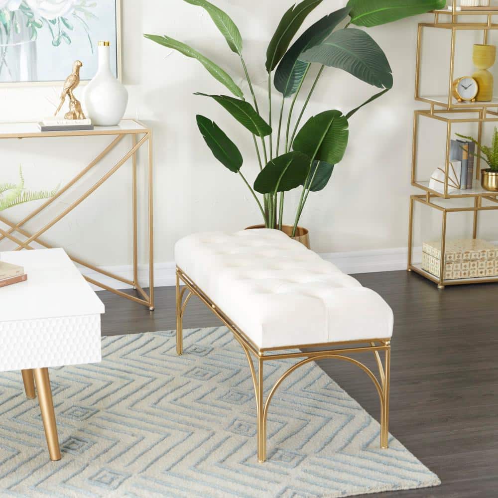 Litton Lane White Bench with Velvet Seat 18 in. X 39 in. X 16 in ...