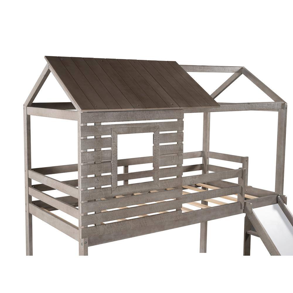 Angel Sar Antique Gray Twin Bunk Bed with 2-Storage Drawers and Slide ...