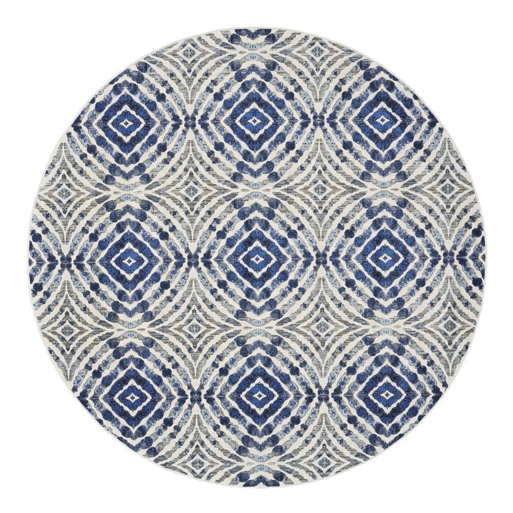 HomeRoots Ivory and Blue Abstract 9 ft. Round Area Rug 2000511240 - The ...
