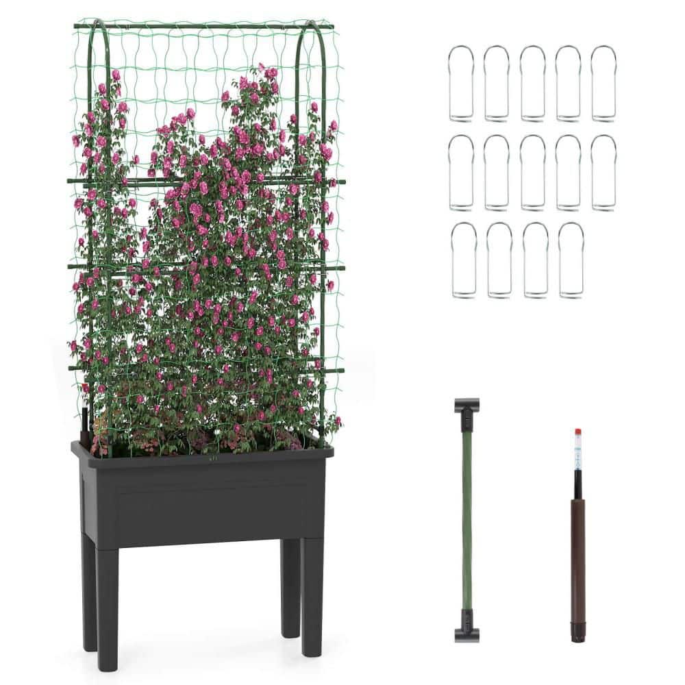 Costway Raised Garden Bed Plastics Planter Box with Climbing Trellis ...