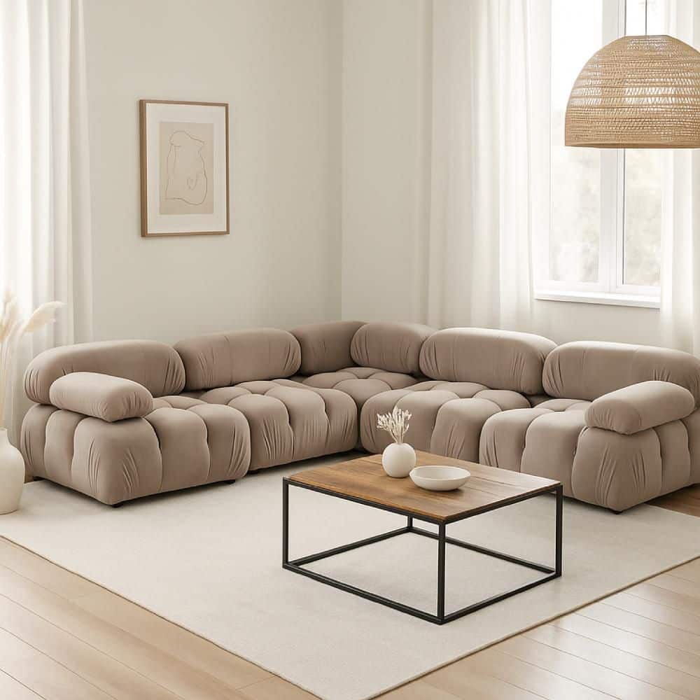 Benjara 111 in. Curved Velvet L Shaped Sectional Sofa in. Tan Brown ...