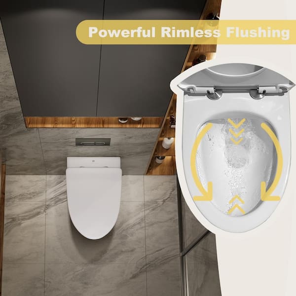 Elongated Modern Wall Hung Toilet Bowl with Soft Close Seat Rimless Flushing Easy Cleaning White Glossy Ceramic