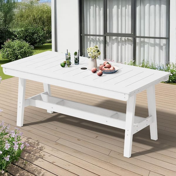 JEAREY White Rectangular HDPE Outdoor Dining Table with Umbrella Hole ...