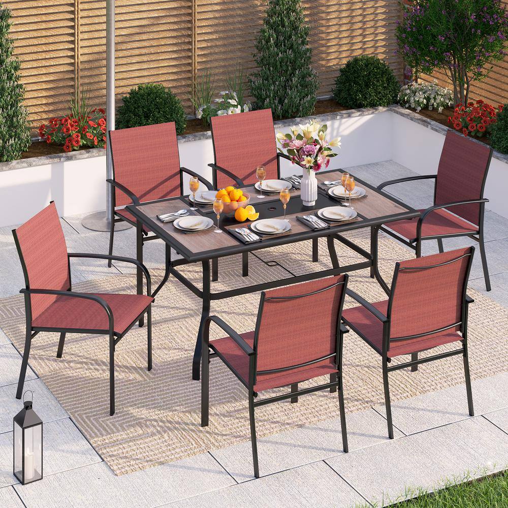 PHI VILLA Black 7-Piece Metal Geometric Rectangle Table Outdoor Patio ...